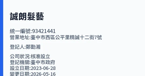 誠朗髮藝的照片-統編 93421441(臺中市) 公司登記資料與營業項目詳細圖表