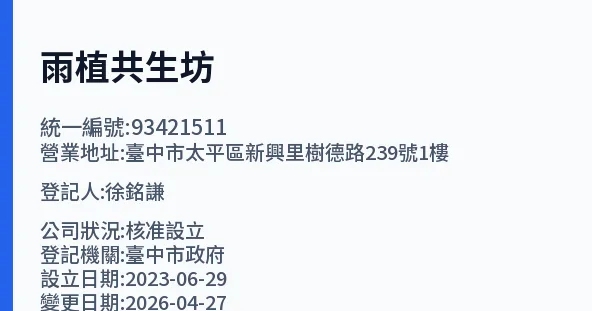 雨植共生坊的照片-統編 93421511(臺中市) 公司登記資料與營業項目詳細圖表