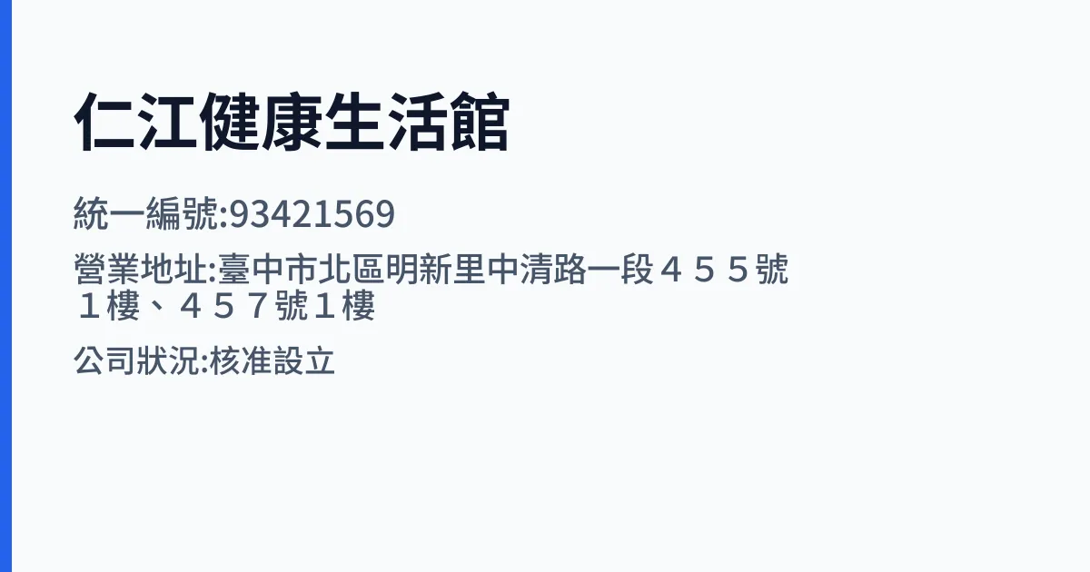 仁江健康生活館 - 統編 93421569(臺中市) 公司登記資料與營業項目詳細圖表