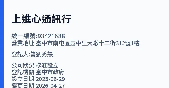 上進心通訊行的照片-統編 93421688(臺中市) 公司登記資料與營業項目詳細圖表