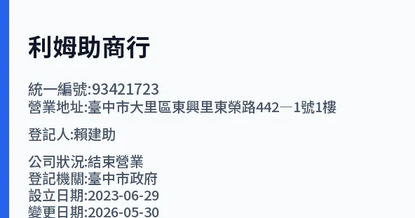 利姆助商行的照片-統編 93421723(臺中市) 公司登記資料與營業項目詳細圖表