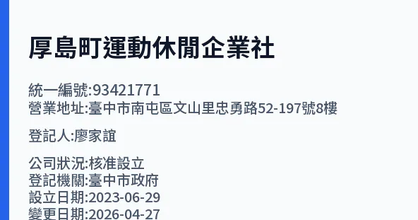 厚島町運動休閒企業社的照片-統編 93421771(臺中市) 公司登記資料與營業項目詳細圖表