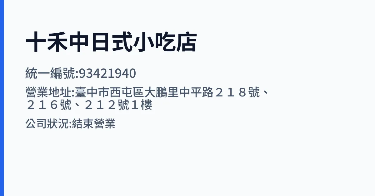 十禾中日式小吃店 - 統編 93421940(臺中市) 公司登記資料與營業項目詳細圖表