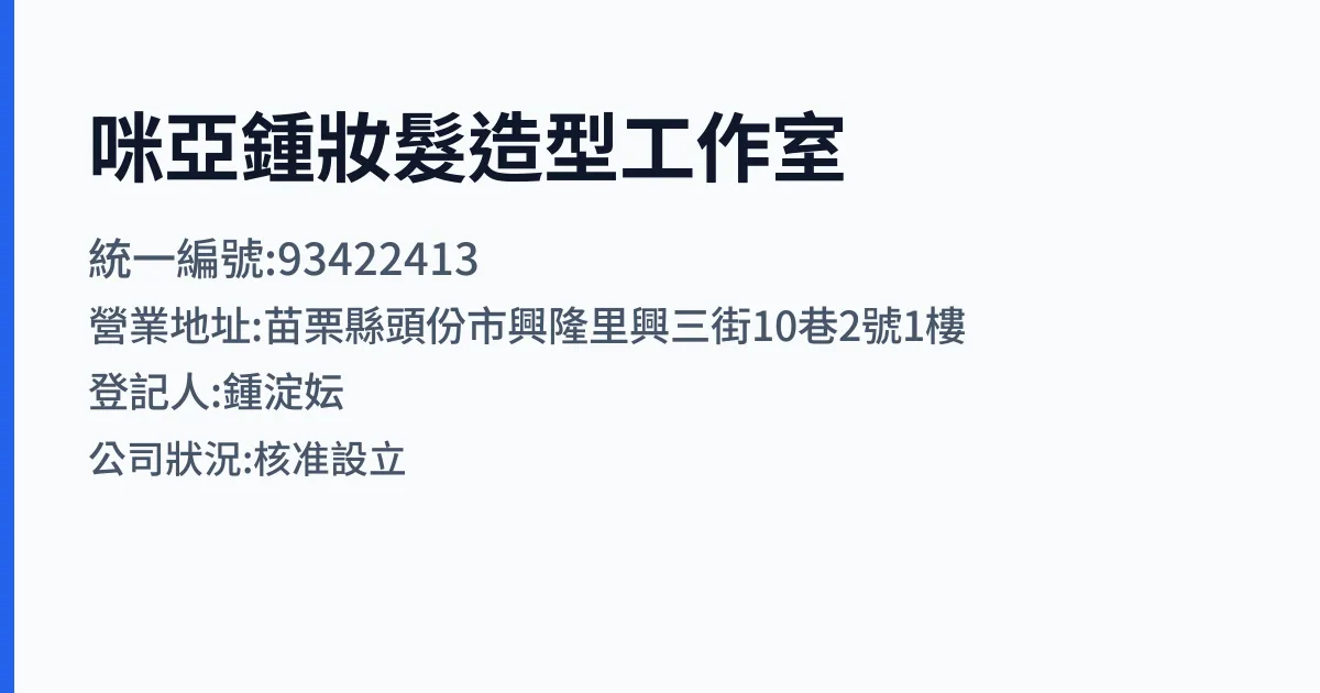 咪亞鍾妝髮造型工作室 - 統編 93422413(臺中市) 公司登記資料與營業項目詳細圖表