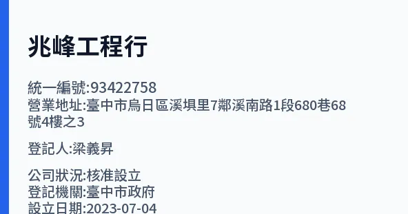 兆峰工程行的照片-統編 93422758(臺中市) 公司登記資料與營業項目詳細圖表