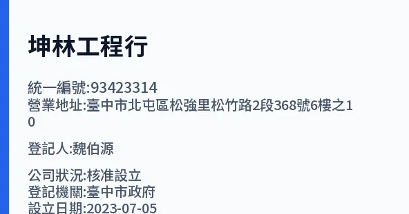 坤林工程行的照片-統編 93423314(臺中市) 公司登記資料與營業項目詳細圖表