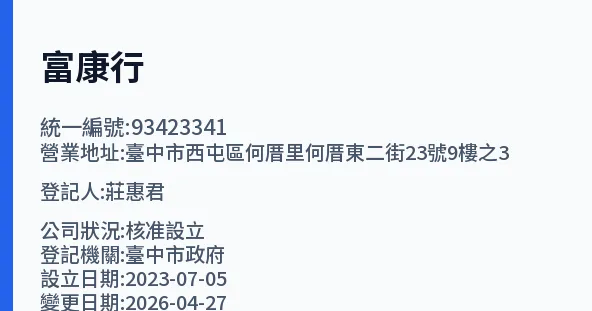 富康行的照片-統編 93423341(臺中市) 公司登記資料與營業項目詳細圖表