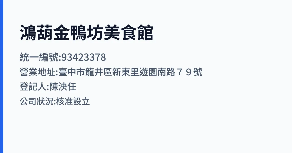 鴻葫金鴨坊美食館 - 統編 93423378(臺中市) 公司登記資料與營業項目詳細圖表