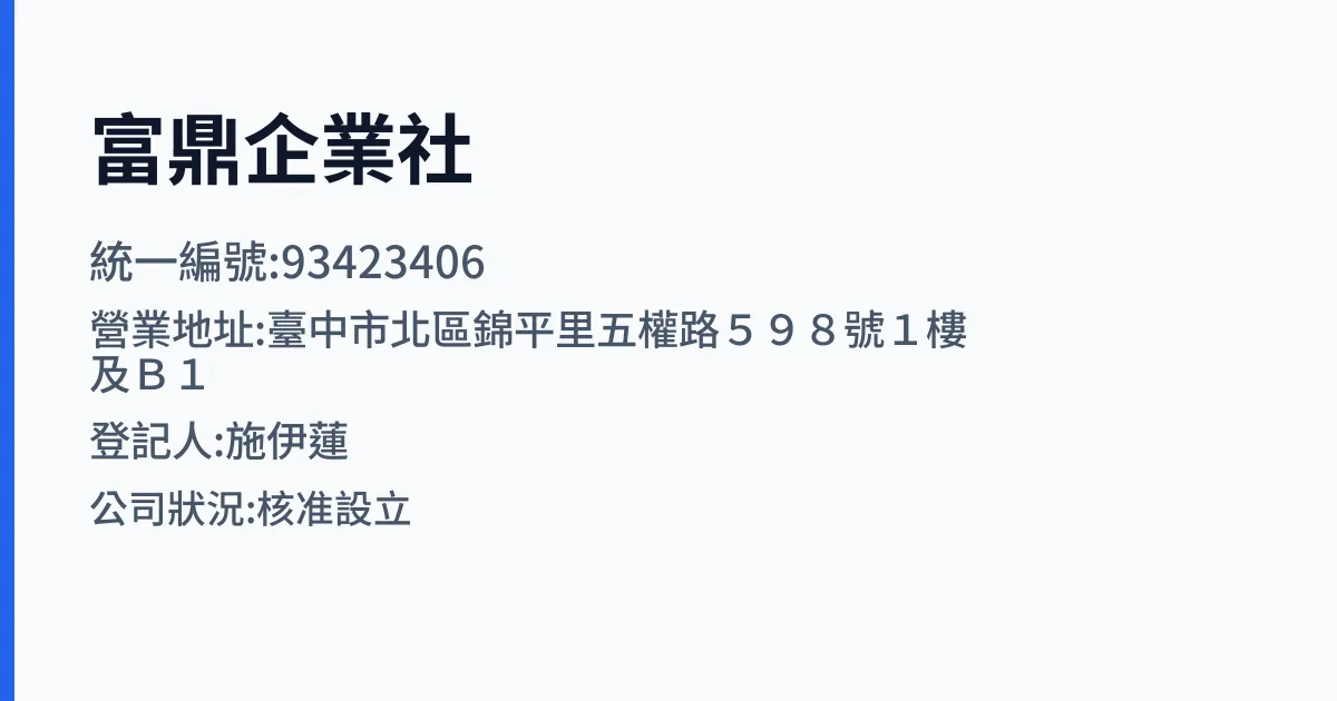 富鼎企業社 - 統編 93423406(臺中市) 公司登記資料與營業項目詳細圖表