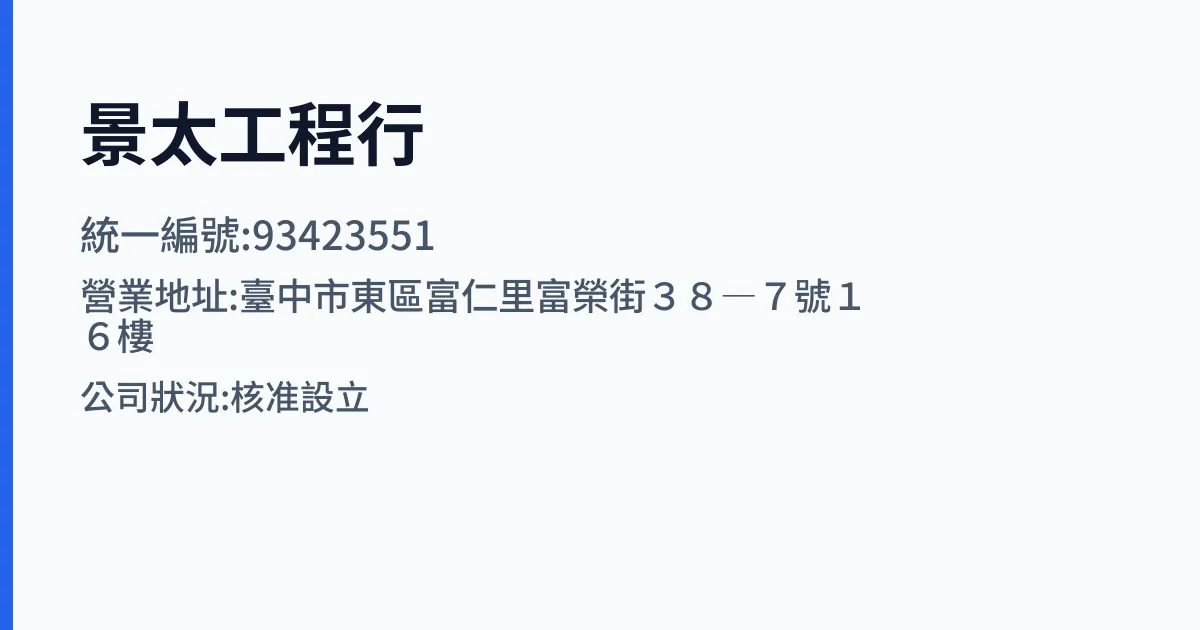 景太工程行 - 統編 93423551(臺中市) 公司登記資料與營業項目詳細圖表