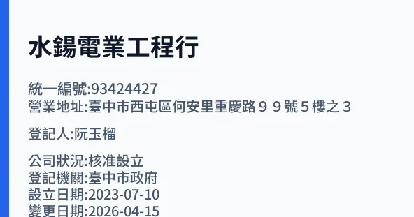 水鍚電業工程行的照片-統編 93424427(臺中市) 公司登記資料與營業項目詳細圖表