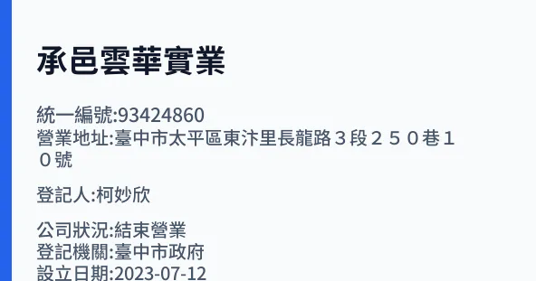 承邑雲華實業的照片-統編 93424860(臺中市) 公司登記資料與營業項目詳細圖表