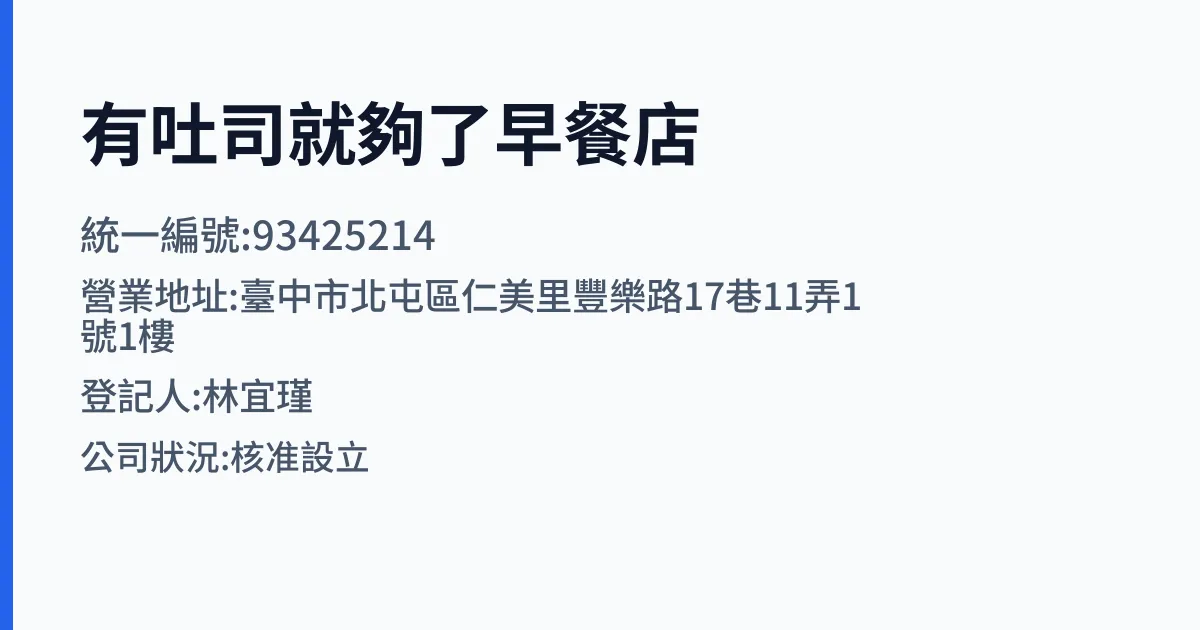 有吐司就夠了早餐店 - 統編 93425214(臺中市) 公司登記資料與營業項目詳細圖表