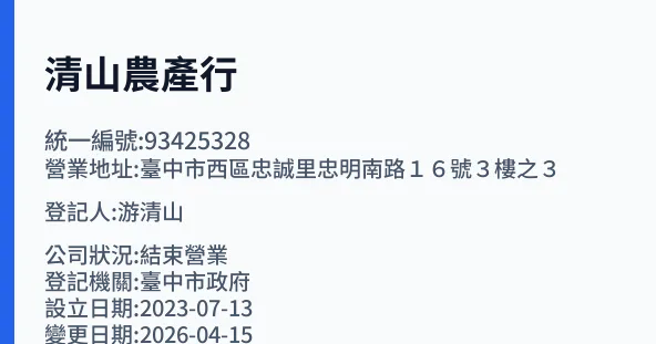 清山農產行的照片-統編 93425328(臺中市) 公司登記資料與營業項目詳細圖表