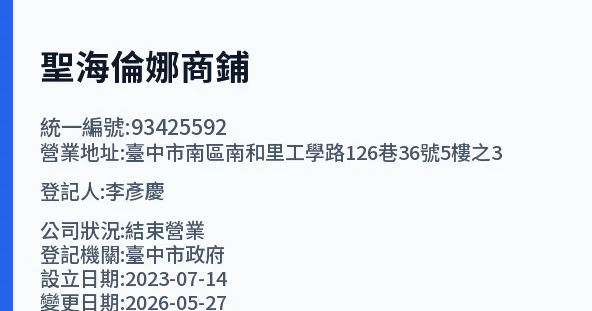聖海倫娜商鋪的照片-統編 93425592(臺中市) 公司登記資料與營業項目詳細圖表