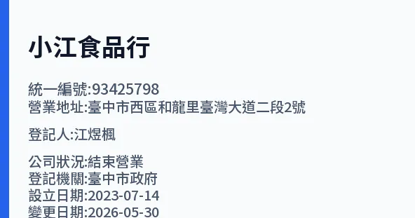 小江食品行的照片-統編 93425798(臺中市) 公司登記資料與營業項目詳細圖表