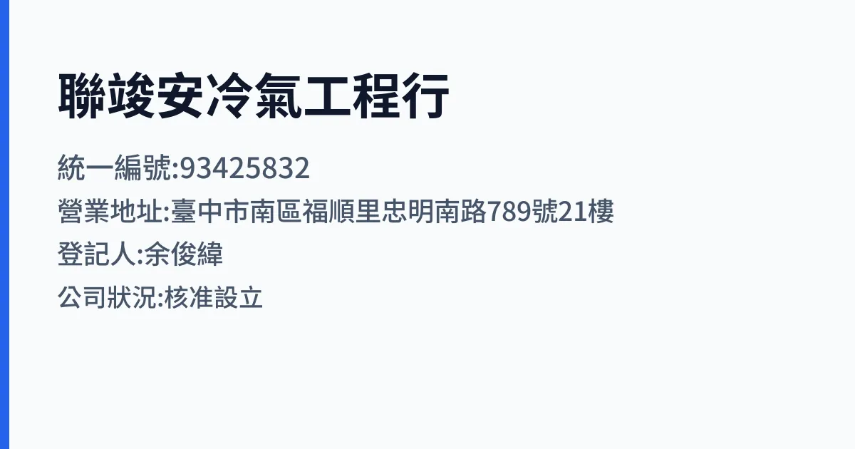 聯竣安冷氣工程行 - 統編 93425832(臺中市) 公司登記資料與營業項目詳細圖表