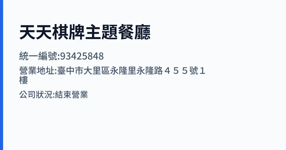 天天棋牌主題餐廳 - 統編 93425848(臺中市) 公司登記資料與營業項目詳細圖表