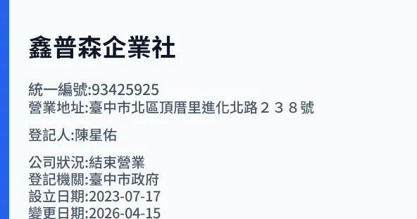 鑫普森企業社的照片-統編 93425925(臺中市) 公司登記資料與營業項目詳細圖表