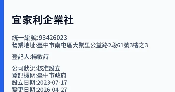 宜家利企業社的照片-統編 93426023(臺中市) 公司登記資料與營業項目詳細圖表