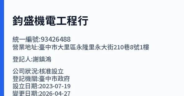 鈞盛機電工程行的照片-統編 93426488(臺中市) 公司登記資料與營業項目詳細圖表