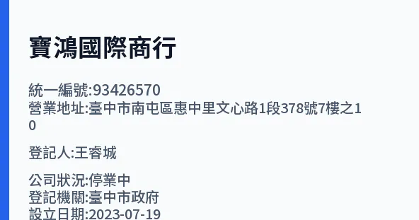 寶鴻國際商行的照片-統編 93426570(臺中市) 公司登記資料與營業項目詳細圖表