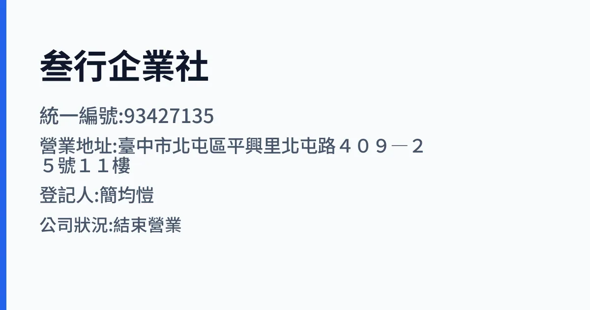 叁行企業社 - 統編 93427135(臺中市) 公司登記資料與營業項目詳細圖表