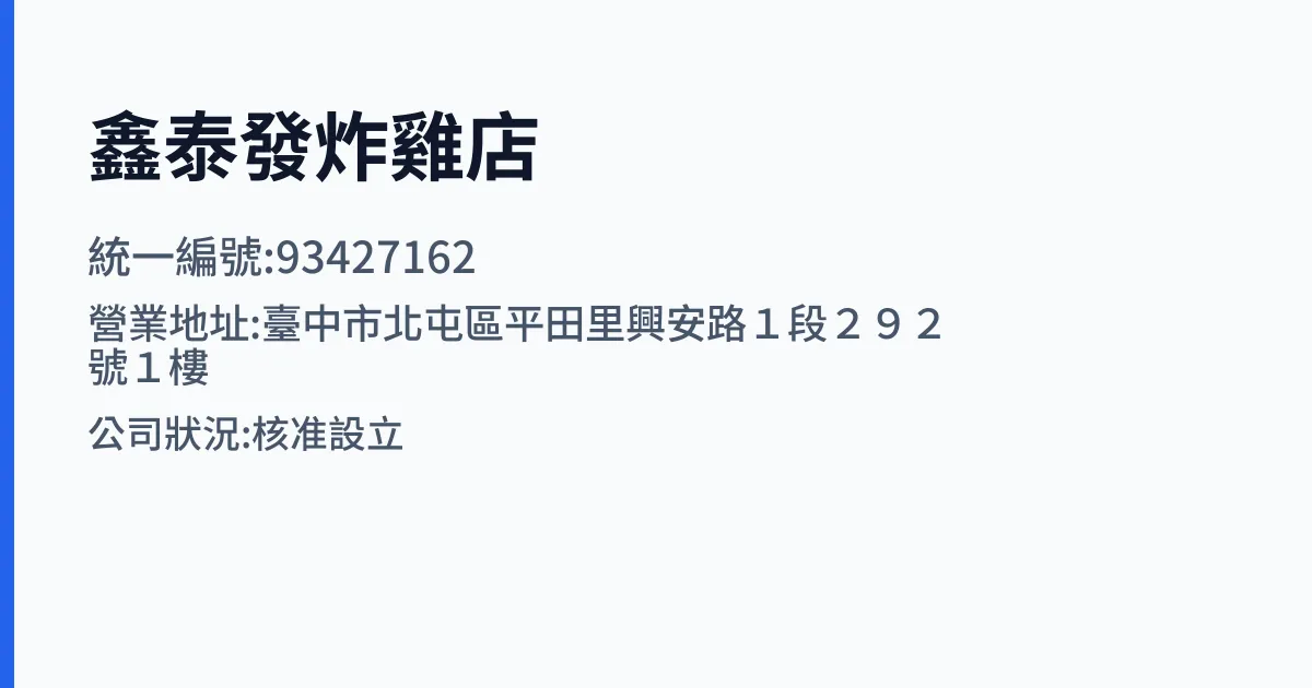 鑫泰發炸雞店 - 統編 93427162（臺中市） 公司登記資料與營業項目詳細圖表