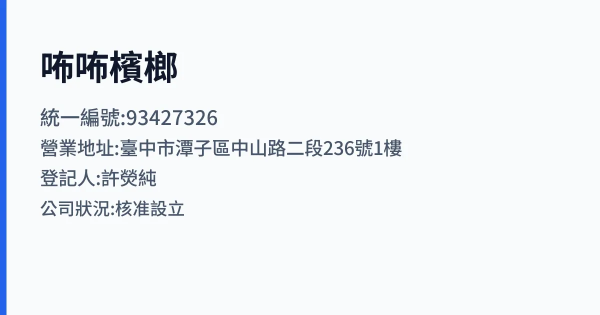 咘咘檳榔 - 統編 93427326（臺中市） 公司登記資料與營業項目詳細圖表