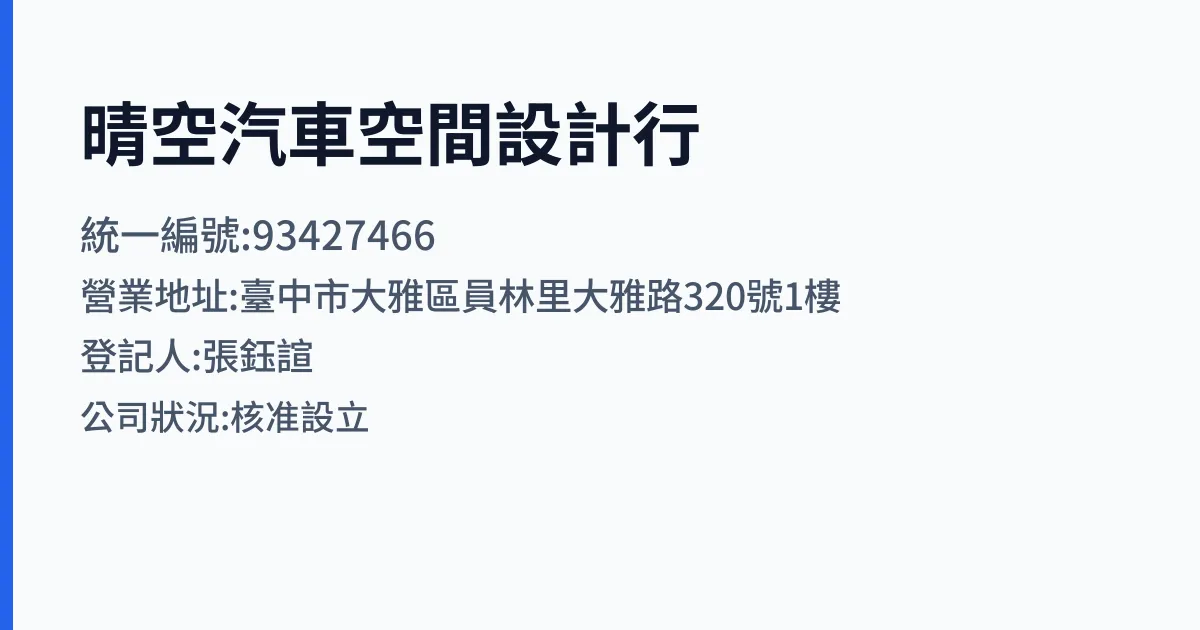 晴空汽車空間設計行 - 統編 93427466(臺中市) 公司登記資料與營業項目詳細圖表