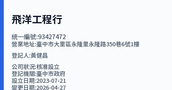 飛洋工程行的照片-統編 93427472(臺中市) 公司登記資料與營業項目詳細圖表