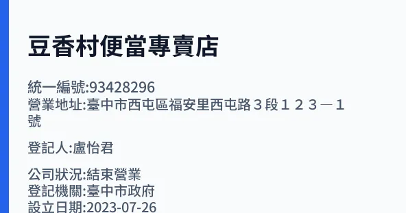 豆香村便當專賣店的照片-統編 93428296(臺中市) 公司登記資料與營業項目詳細圖表