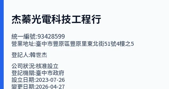 杰蓁光電科技工程行的照片-統編 93428599(臺中市) 公司登記資料與營業項目詳細圖表