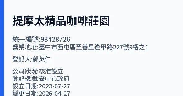 提摩太精品咖啡莊園的照片-統編 93428726(臺中市) 公司登記資料與營業項目詳細圖表