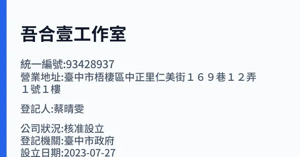 吾合壹工作室的照片-統編 93428937(臺中市) 公司登記資料與營業項目詳細圖表