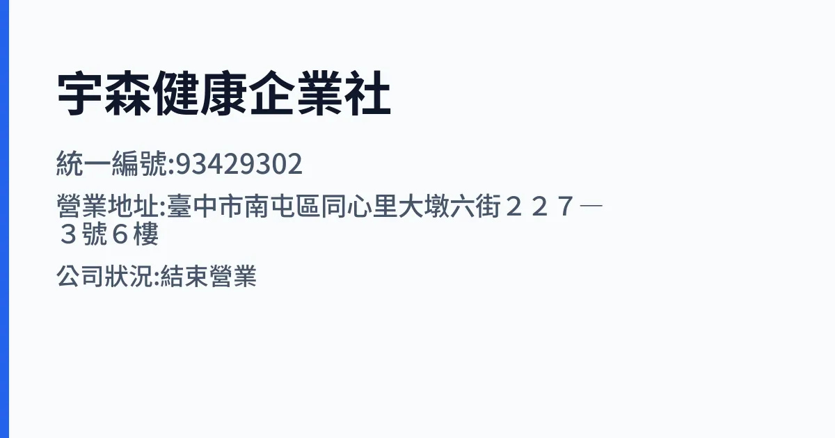宇森健康企業社 - 統編 93429302(臺中市) 公司登記資料與營業項目詳細圖表