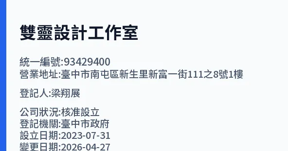 雙靈設計工作室的照片-統編 93429400(臺中市) 公司登記資料與營業項目詳細圖表
