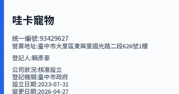哇卡寵物的照片-統編 93429627(臺中市) 公司登記資料與營業項目詳細圖表