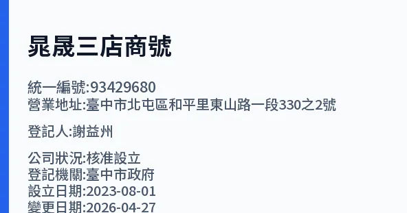 晁晟三店商號的照片-統編 93429680(臺中市) 公司登記資料與營業項目詳細圖表