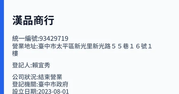 漢品商行的照片-統編 93429719(臺中市) 公司登記資料與營業項目詳細圖表