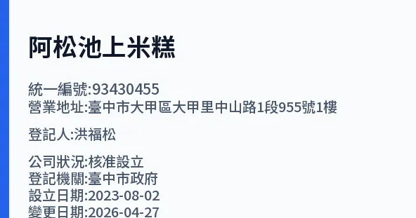 阿松池上米糕的照片-統編 93430455(臺中市) 公司登記資料與營業項目詳細圖表