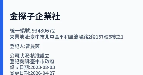 金探子企業社的照片-統編 93430672(臺中市) 公司登記資料與營業項目詳細圖表