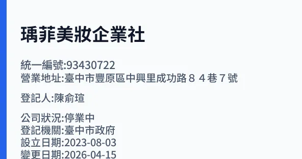 瑀菲美妝企業社的照片-統編 93430722(臺中市) 公司登記資料與營業項目詳細圖表