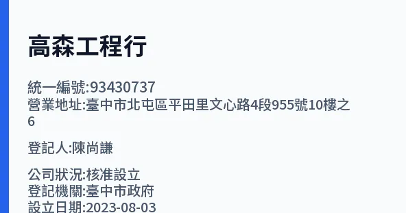高森工程行的照片-統編 93430737(臺中市) 公司登記資料與營業項目詳細圖表