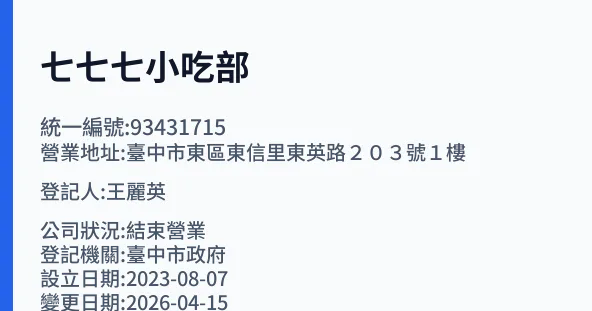 七七七小吃部的照片-統編 93431715(臺中市) 公司登記資料與營業項目詳細圖表