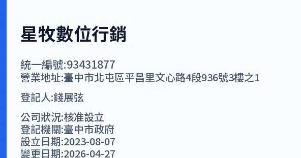 星牧數位行銷的照片-統編 93431877(臺中市) 公司登記資料與營業項目詳細圖表
