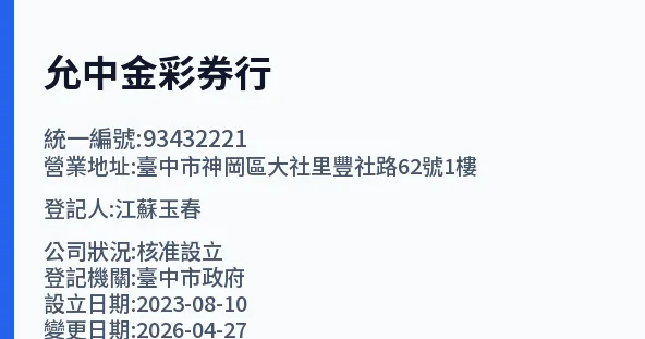 允中金彩券行的照片-統編 93432221(臺中市) 公司登記資料與營業項目詳細圖表