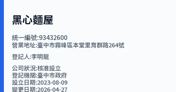 黑心麵屋的照片-統編 93432600(臺中市) 公司登記資料與營業項目詳細圖表
