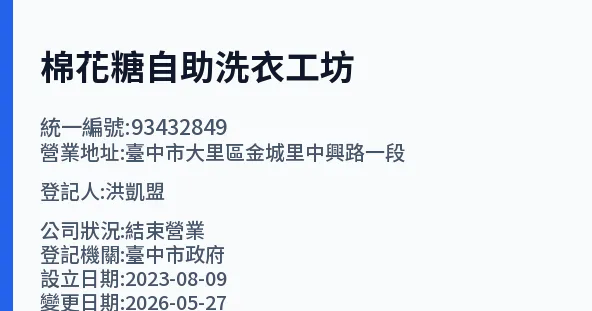 棉花糖自助洗衣工坊的照片-統編 93432849(臺中市) 公司登記資料與營業項目詳細圖表