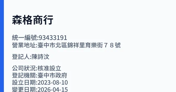 森格商行的照片-統編 93433191(臺中市) 公司登記資料與營業項目詳細圖表